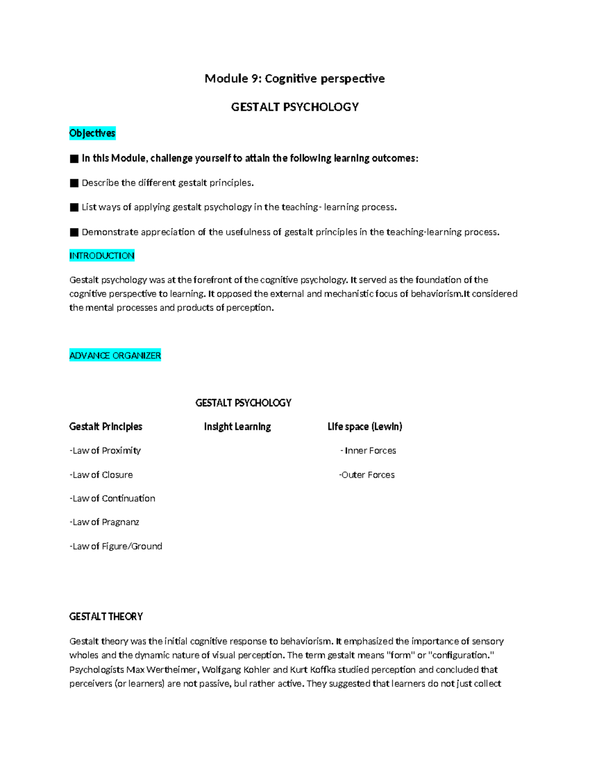 Module 9: Lecture on Gestalt Psychology and Learning Principles - Studocu