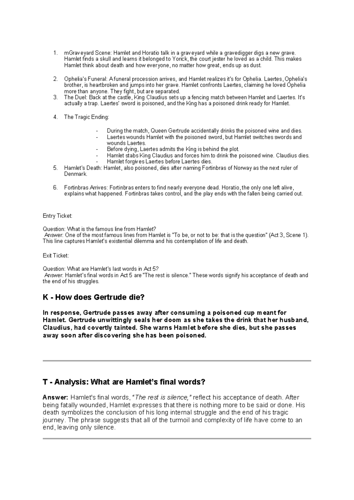 ACT 5 Summary - Hamlet's Tragic Conclusion and Key Moments - Studocu