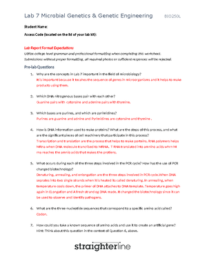 BIO250 Lab 4 - bio lAB 4 - Student Name: Access Code (located on the ...