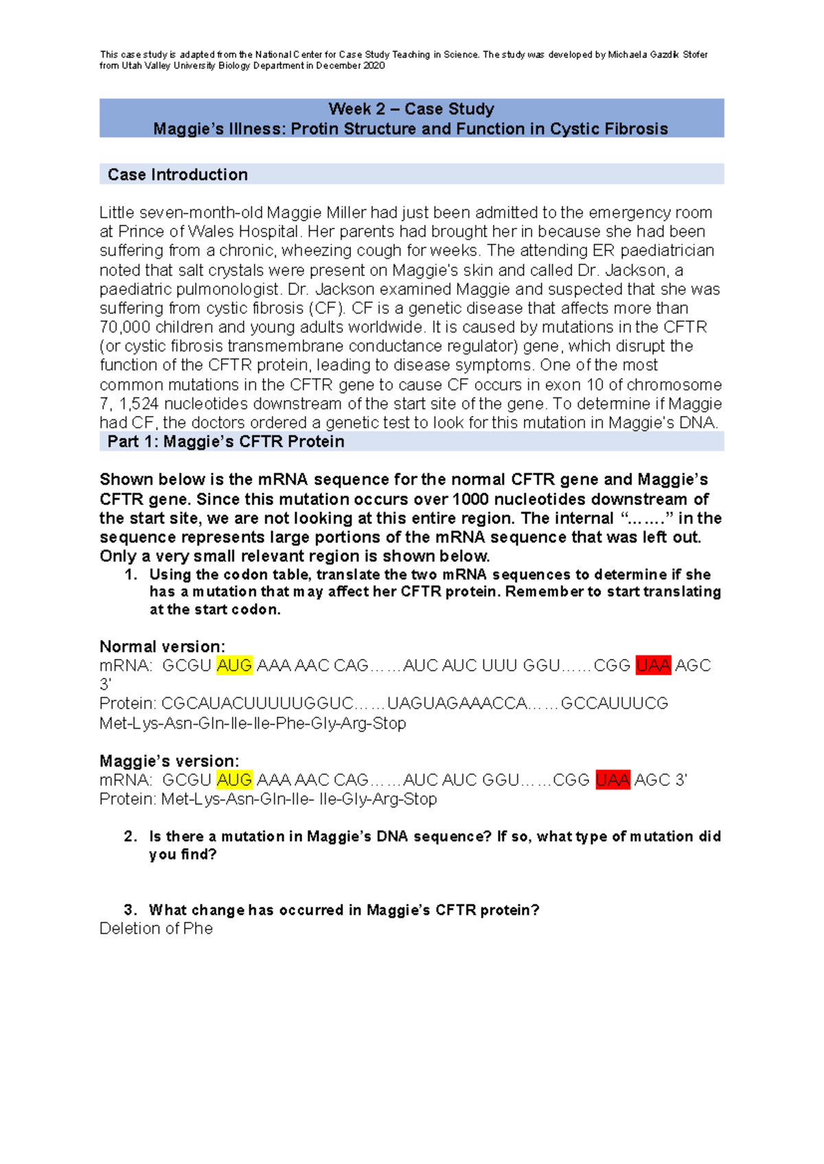 Week 2 - Case Study: Maggie's Cystic Fibrosis and CFTR Function Analysis - Studocu
