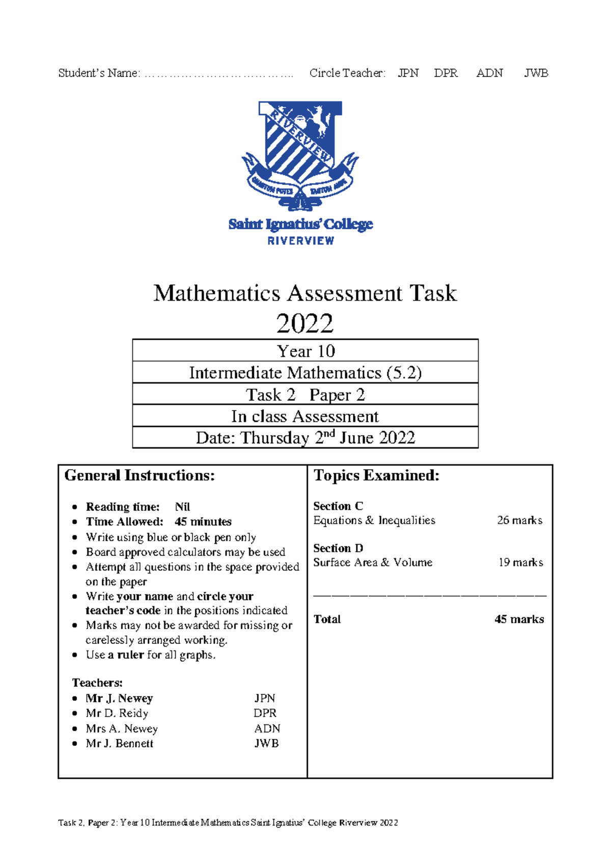 2022 Yr 10 Int Mathematics Assessment Task 2 (Paper 2) - Studocu