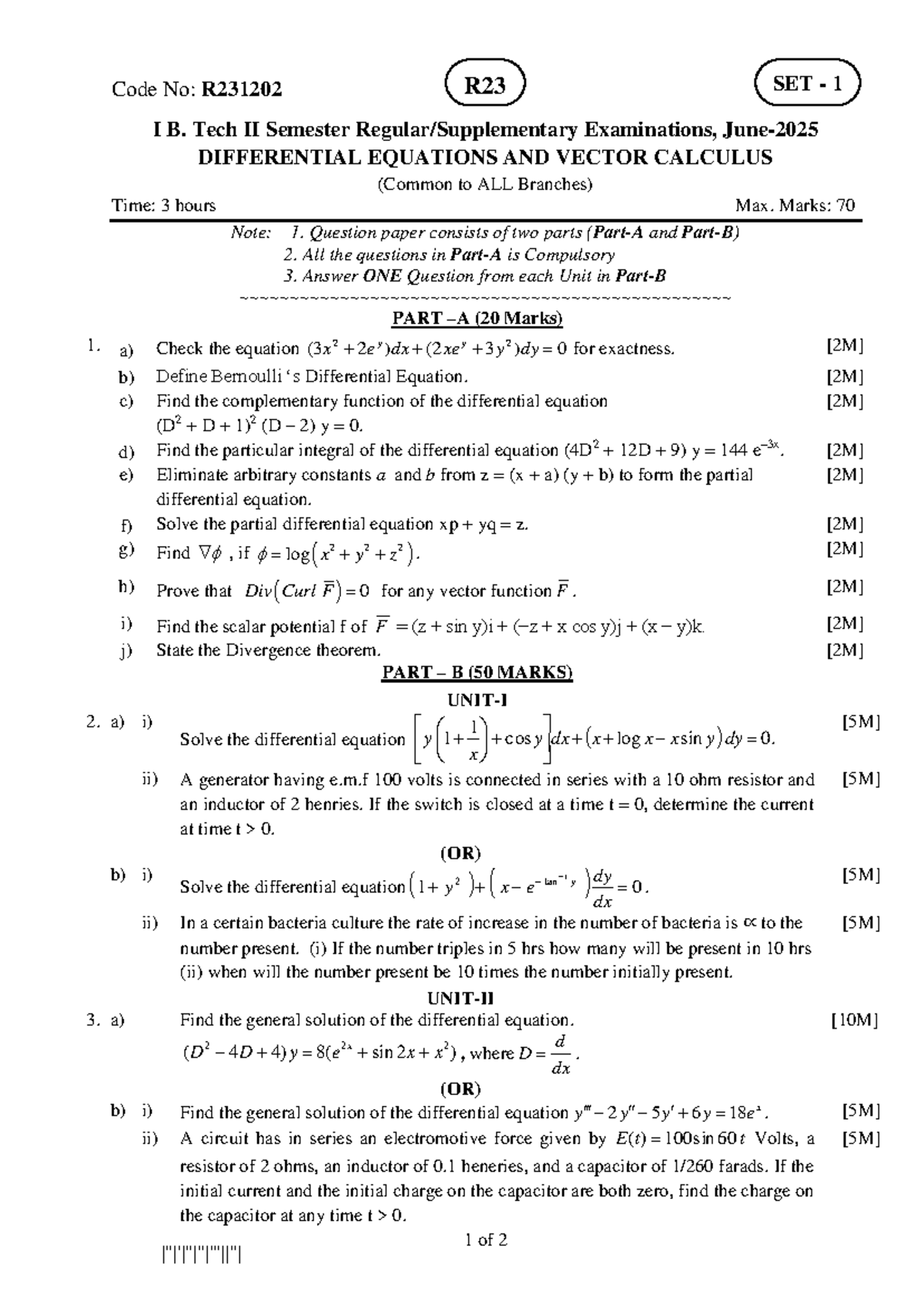 I B. Tech II Sem Exam - Differential Equations & Vector Calculus (R231202) - Studocu