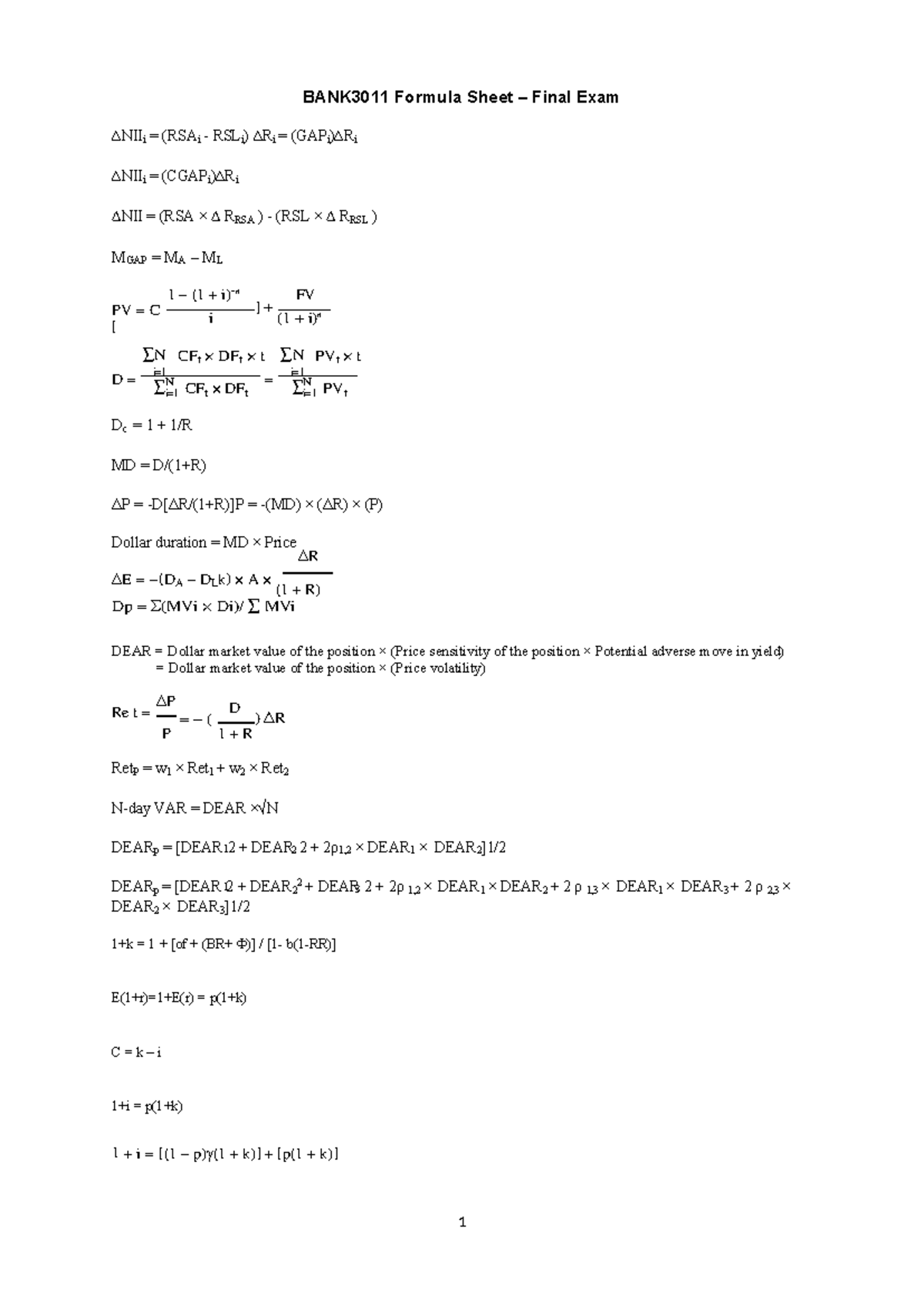 BANK3011 Formula Sheet - 1 1 1 BANK3011 Formula Sheet – Final Exam ∆ ...
