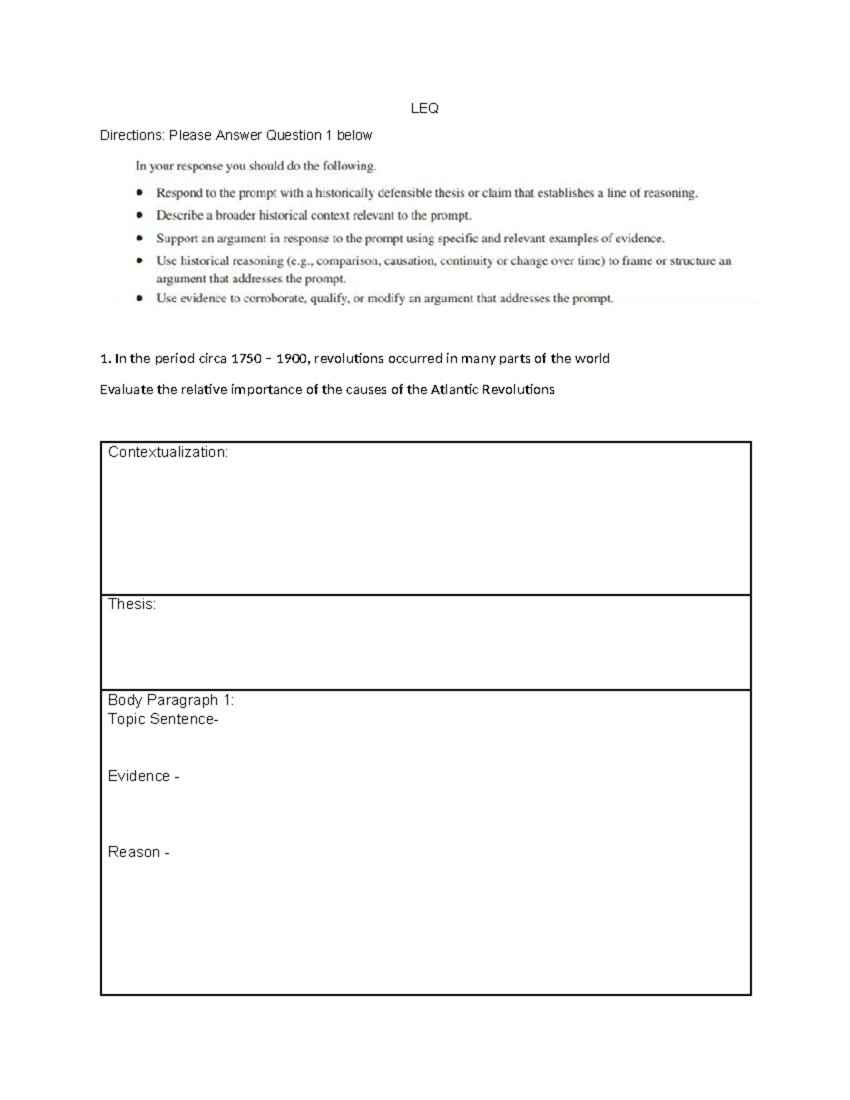 Revolutions Causes LEQ - LEQ Directions: Please Answer Question 1 below ...