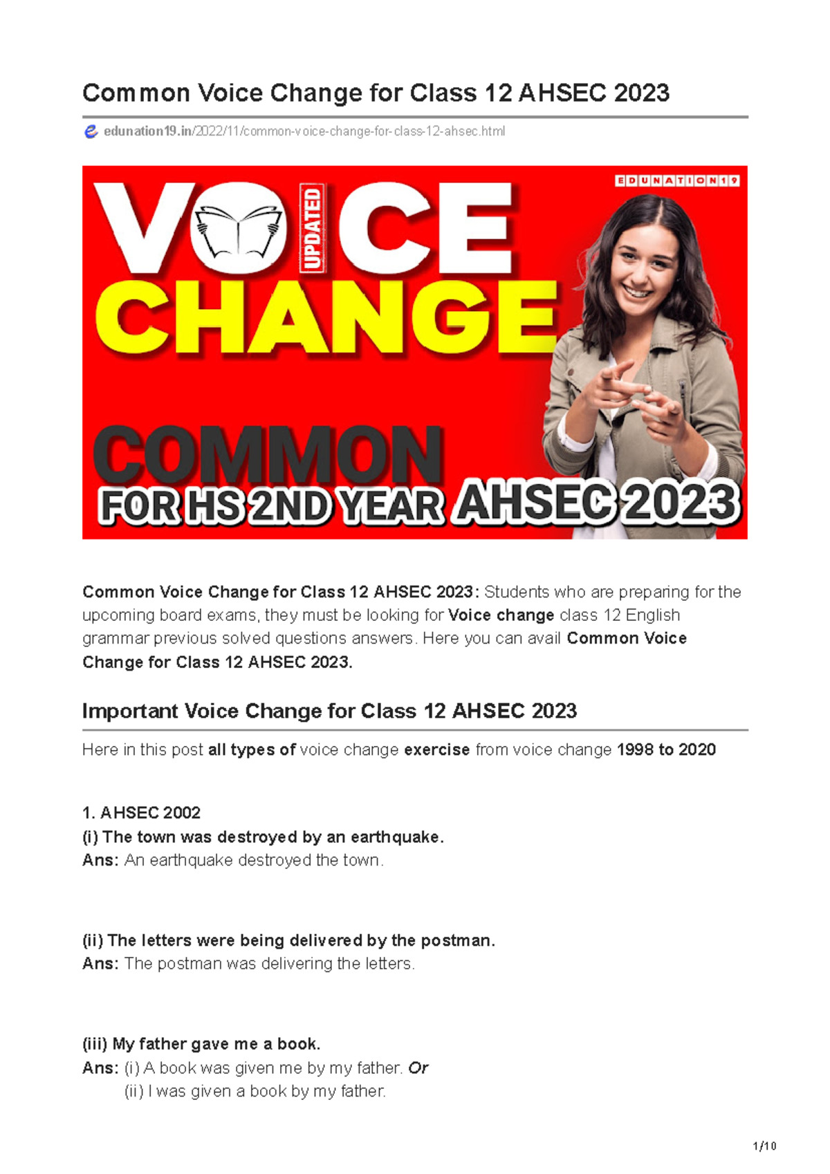 Common Voice Change Exercises for Class 12 AHSEC 2023 - Studocu