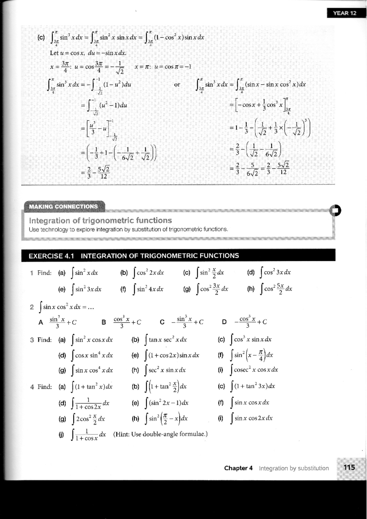YEAR 12 (c) Integration of Trigonometric Functions - Exercises and ...