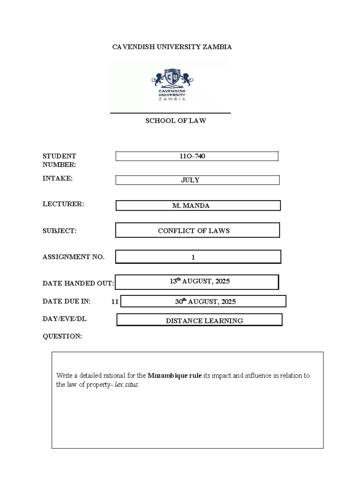 CAVENDISH UNIVERSITY ZAMBIA: Conflict of Laws Assignment No. 1 - Studocu