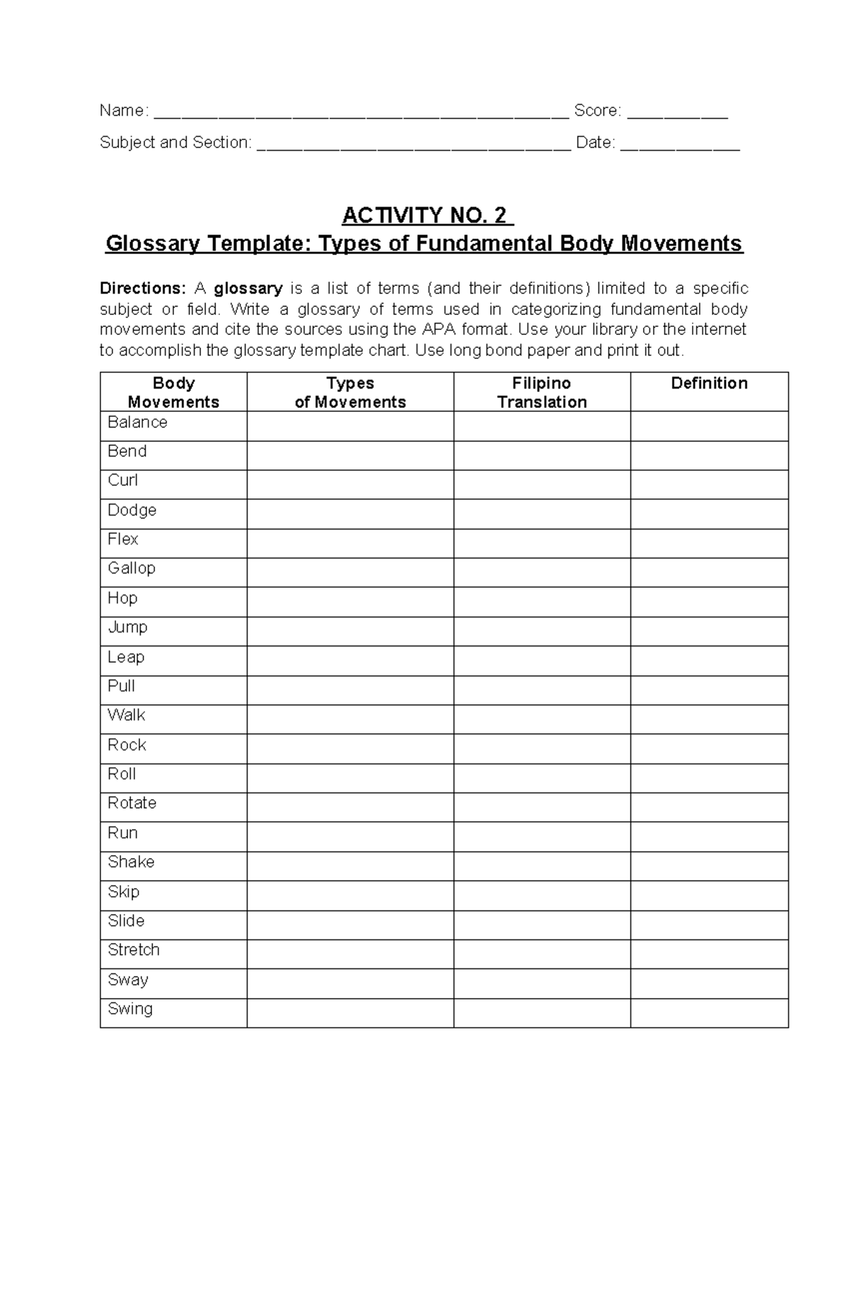 ACTIVITY NO. 2: Glossary of Fundamental Body Movements - Studocu