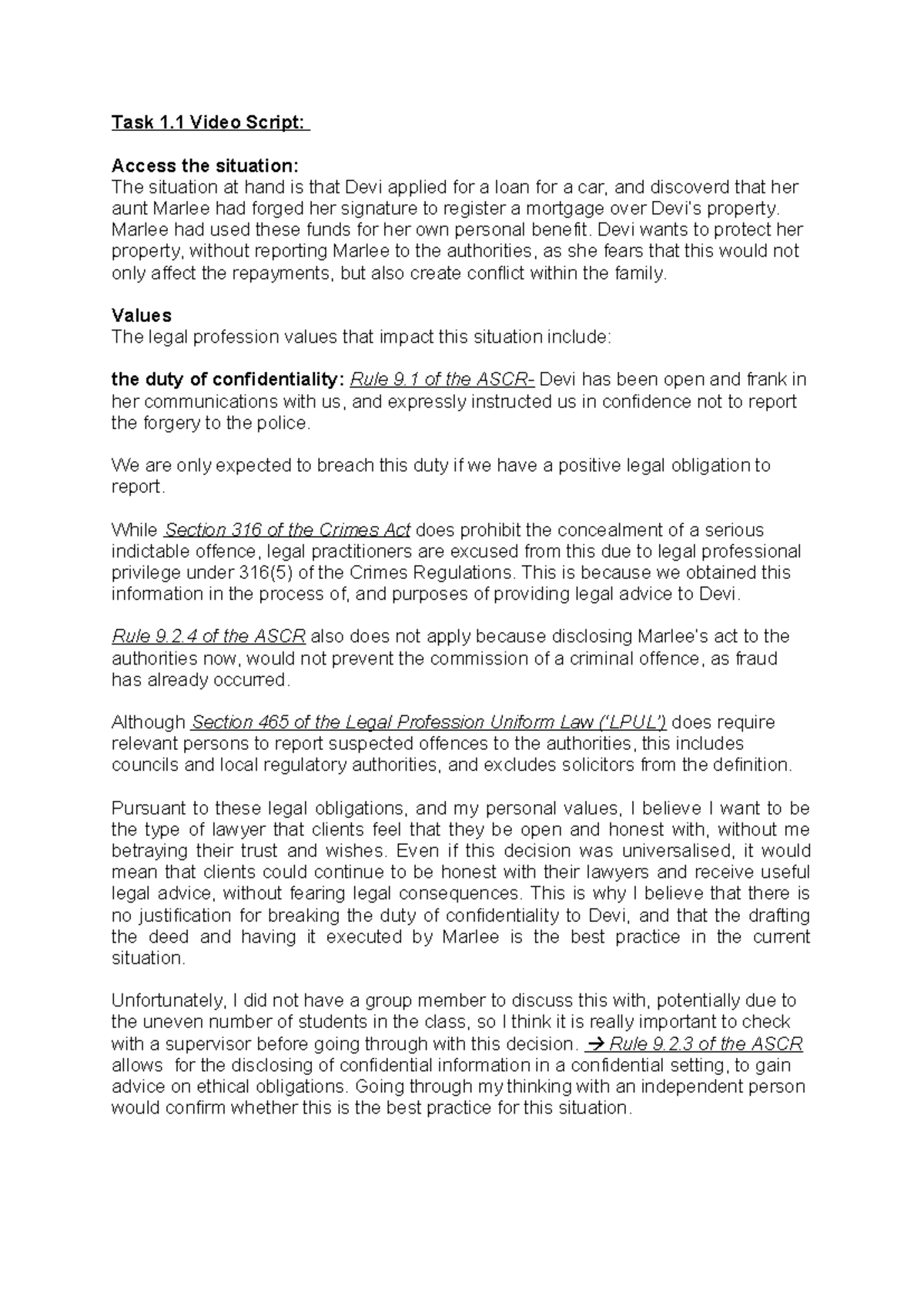 Task 1.1 Video Script: Legal Ethics in Devi's Loan Situation - Studocu