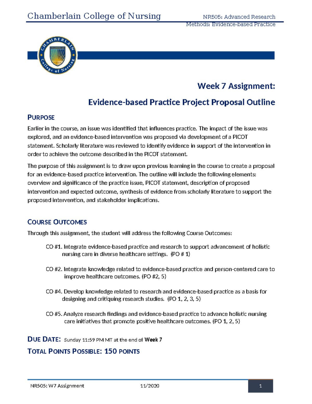 NR505: W7 Assignment - Practice Project Proposal Outline for Nursing ...