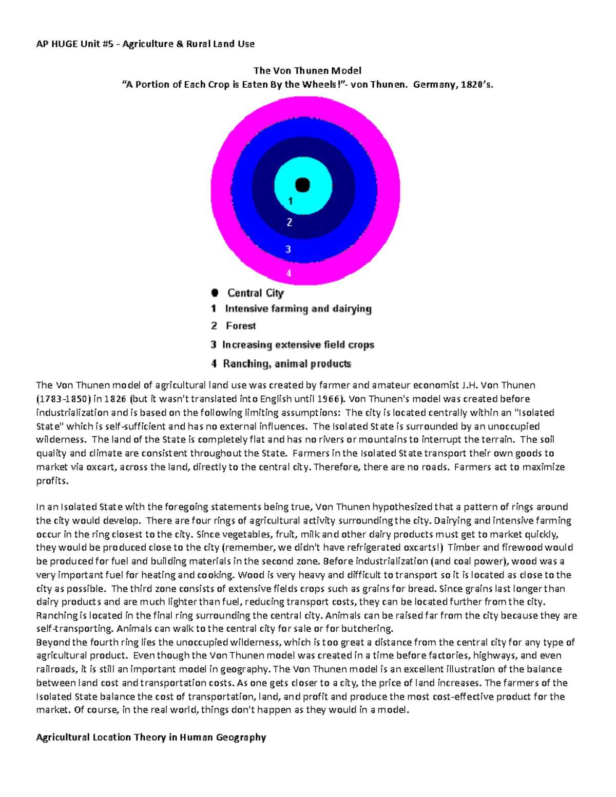 The Von Thunen Model Practice - AP HUGE Unit #5 - Agriculture & Rural ...