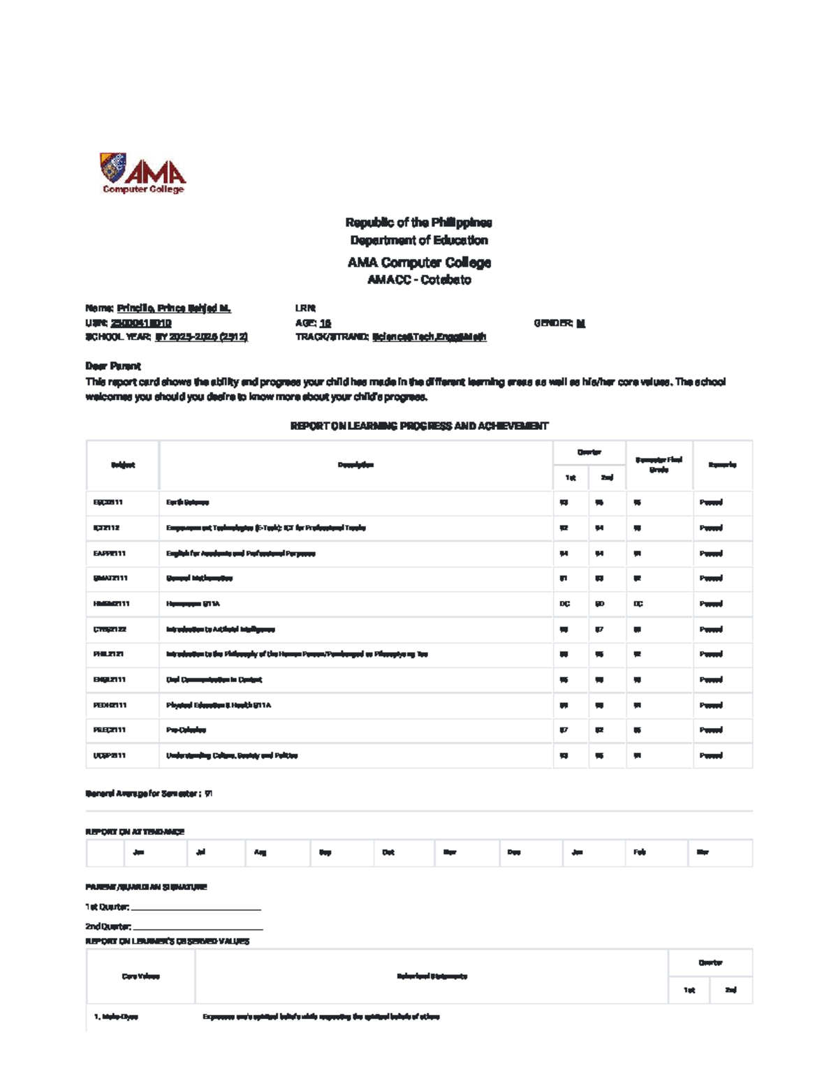 Student Assessment Report Card - SY 2512 - G11A - Studocu