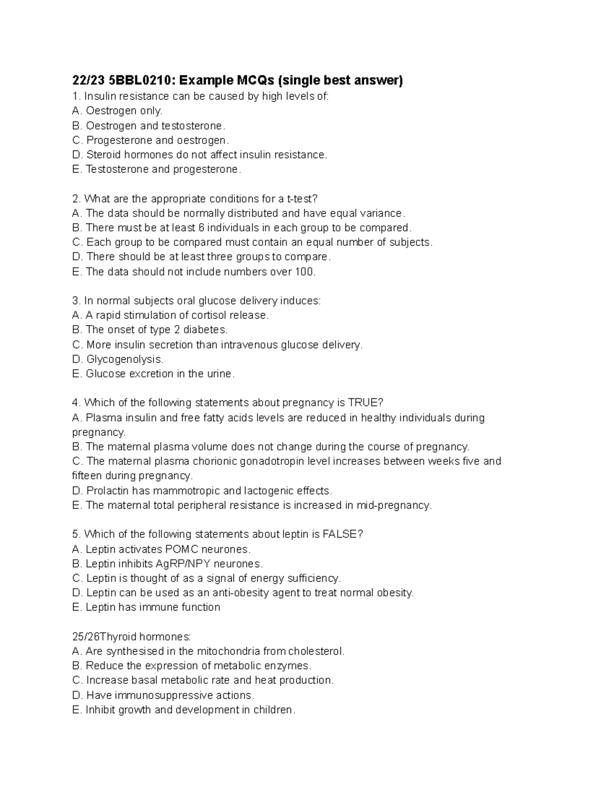 5BBL0210: Sample MCQs on Insulin Resistance and Hormones - Studocu
