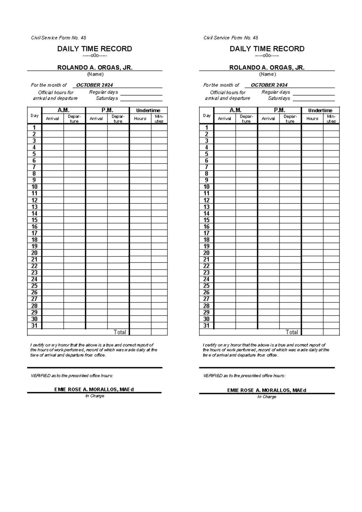 Daily Time Record Format for CSC - October 2024 - Studocu