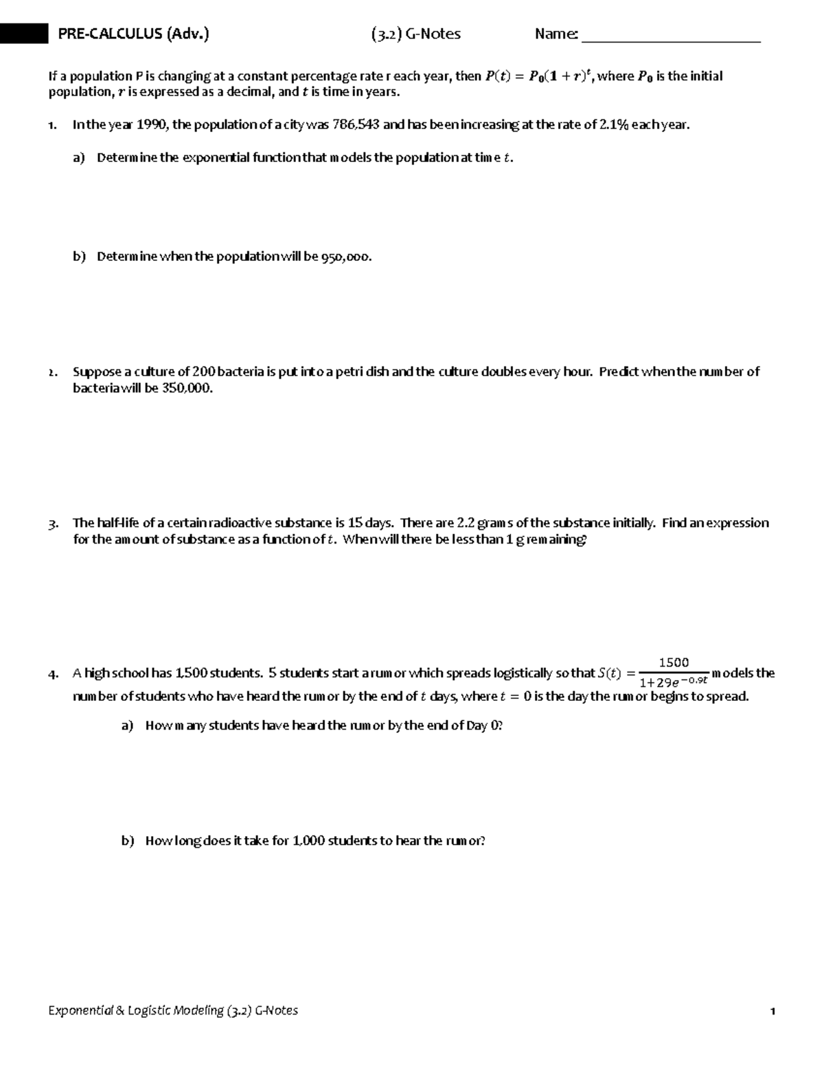 (Adv.) (3.2) Exponential & Logistic Modeling Notes - Studocu