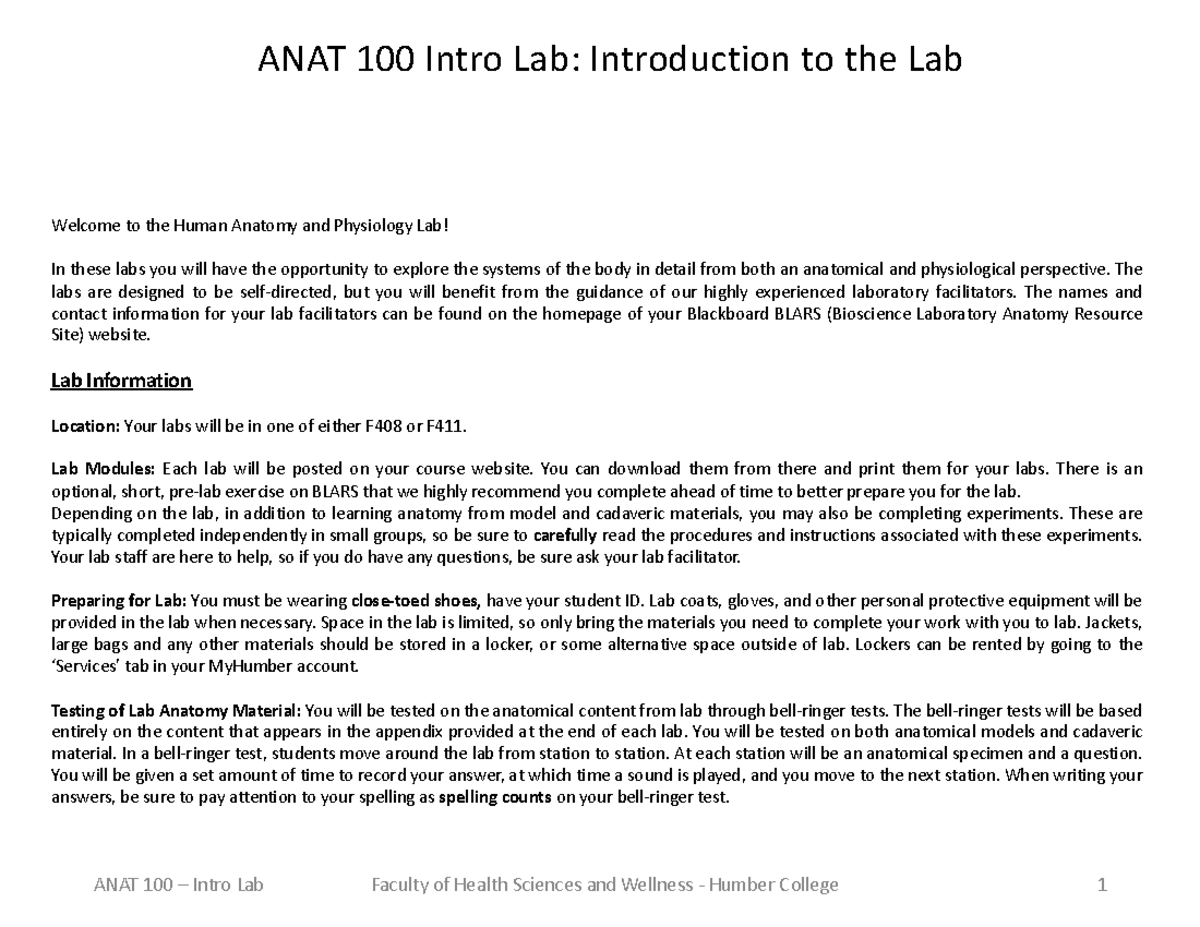 ANAT 100 Intro Lab: Essential Guidelines for F2025 Students - Studocu