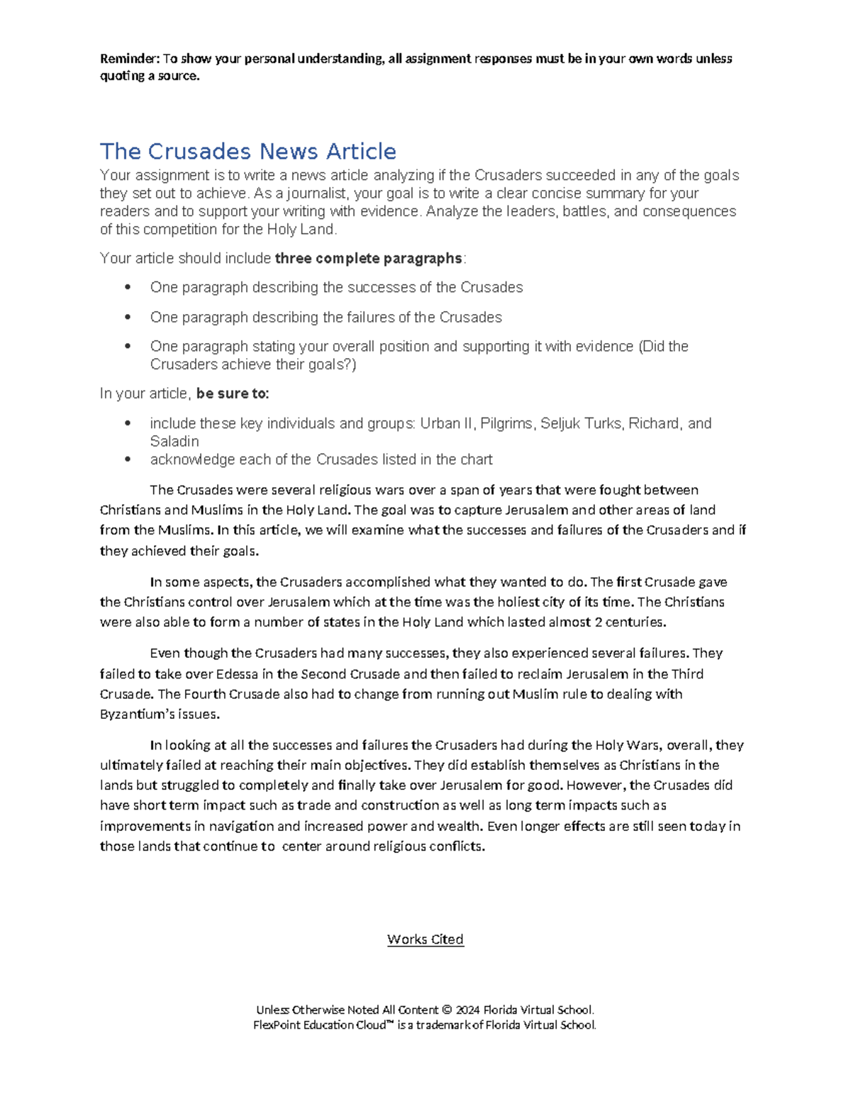 Crusades Analysis Assignment - World History Honors 2.03 FLVS - Studocu