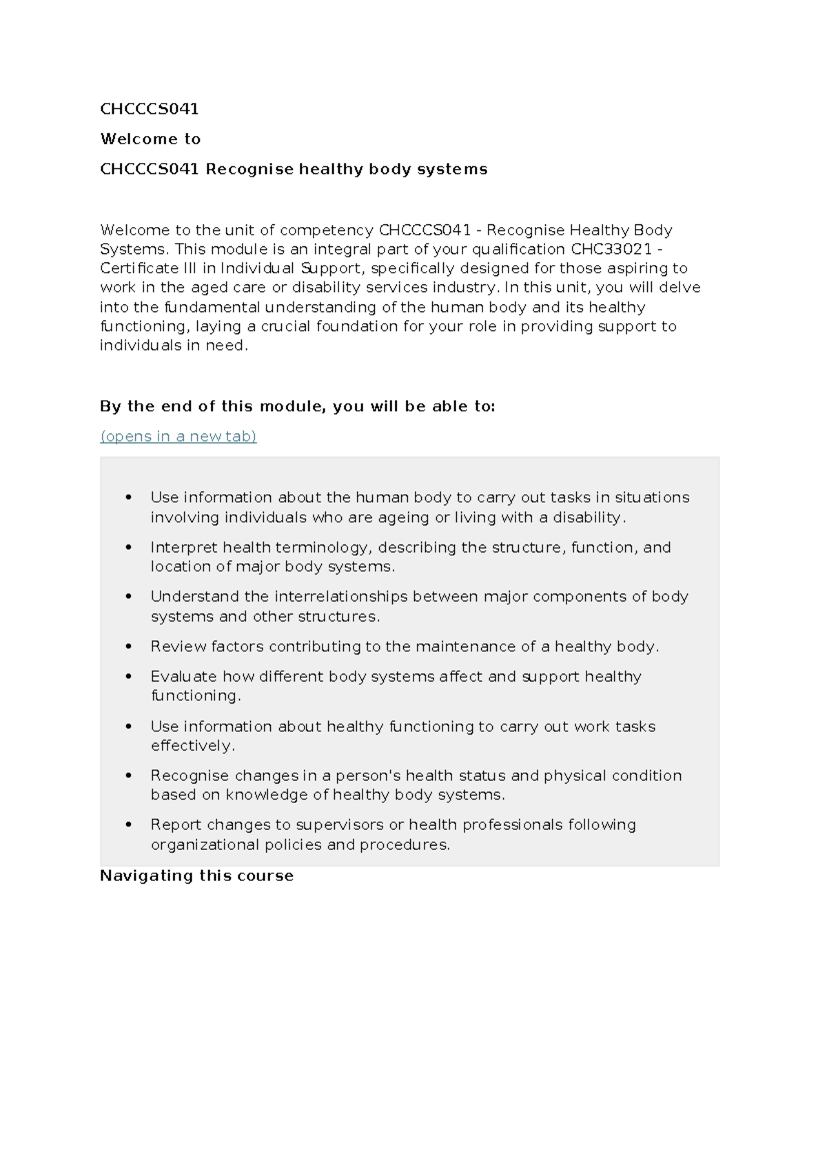 CHC33021 Recognise Healthy Body Systems Module Overview - Studocu