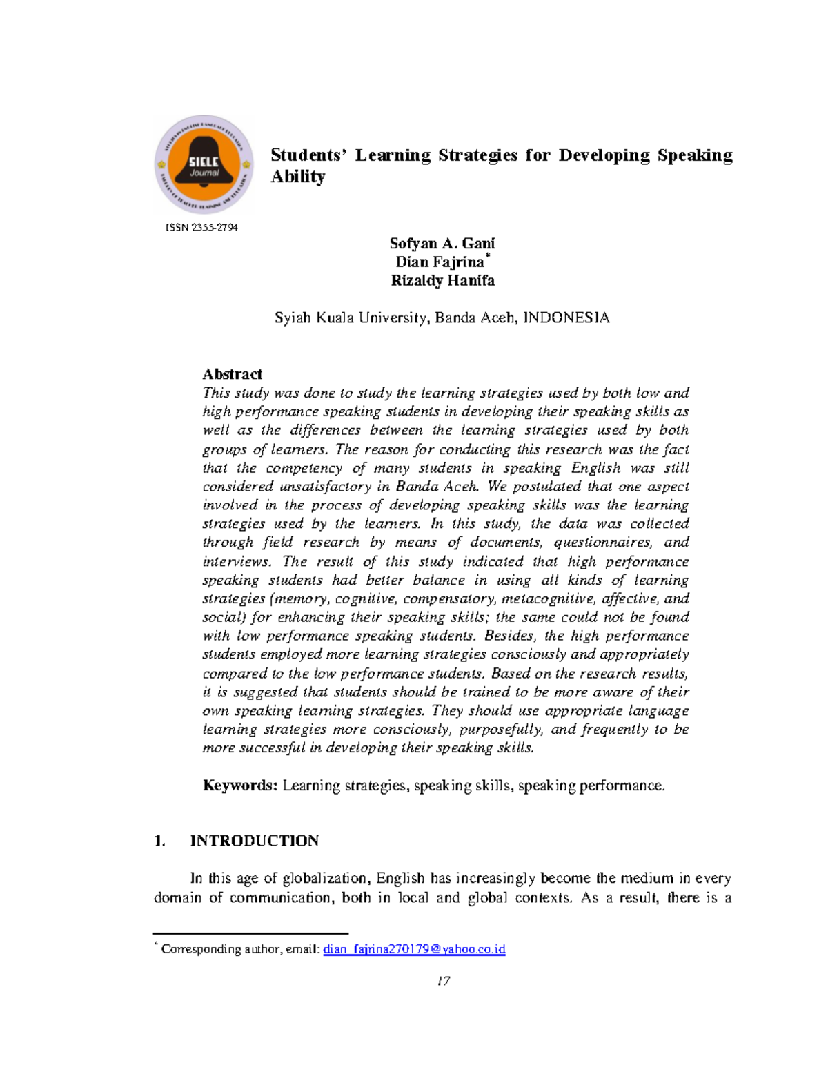 Students' Learning Strategies for Developing Speaking Skills: A Study ...