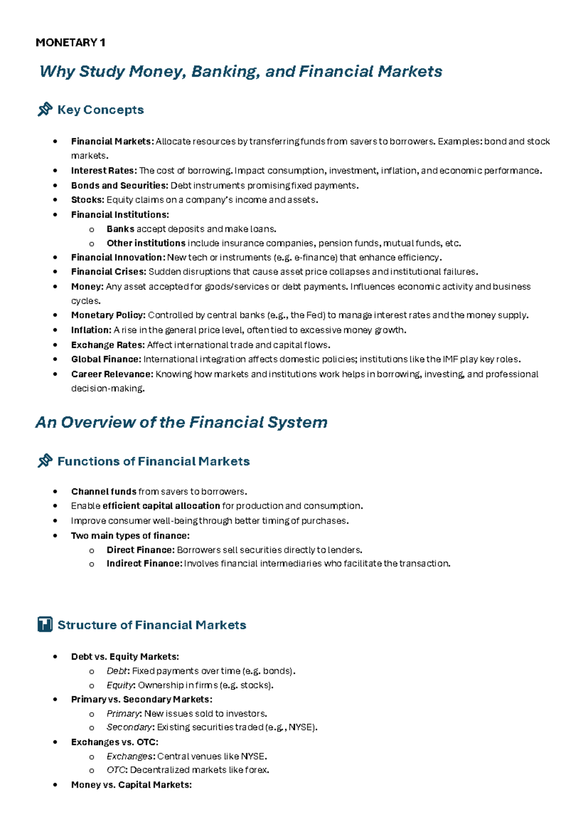 MONETARY 1: Key Concepts in Money, Banking, and Financial Markets Notes ...