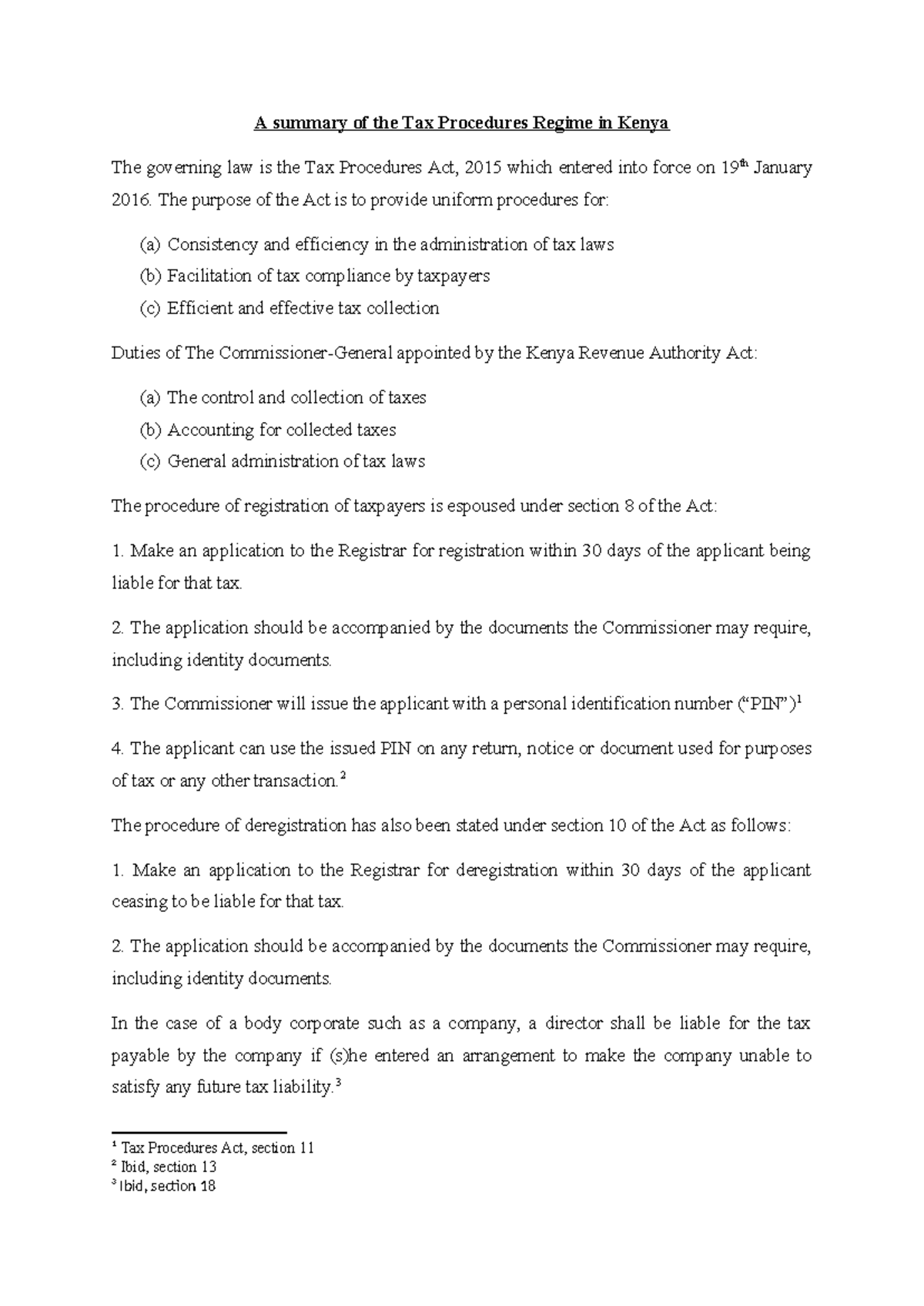 Tax Procedures Act, 2015: Summary of Tax Regime in Kenya - Studocu