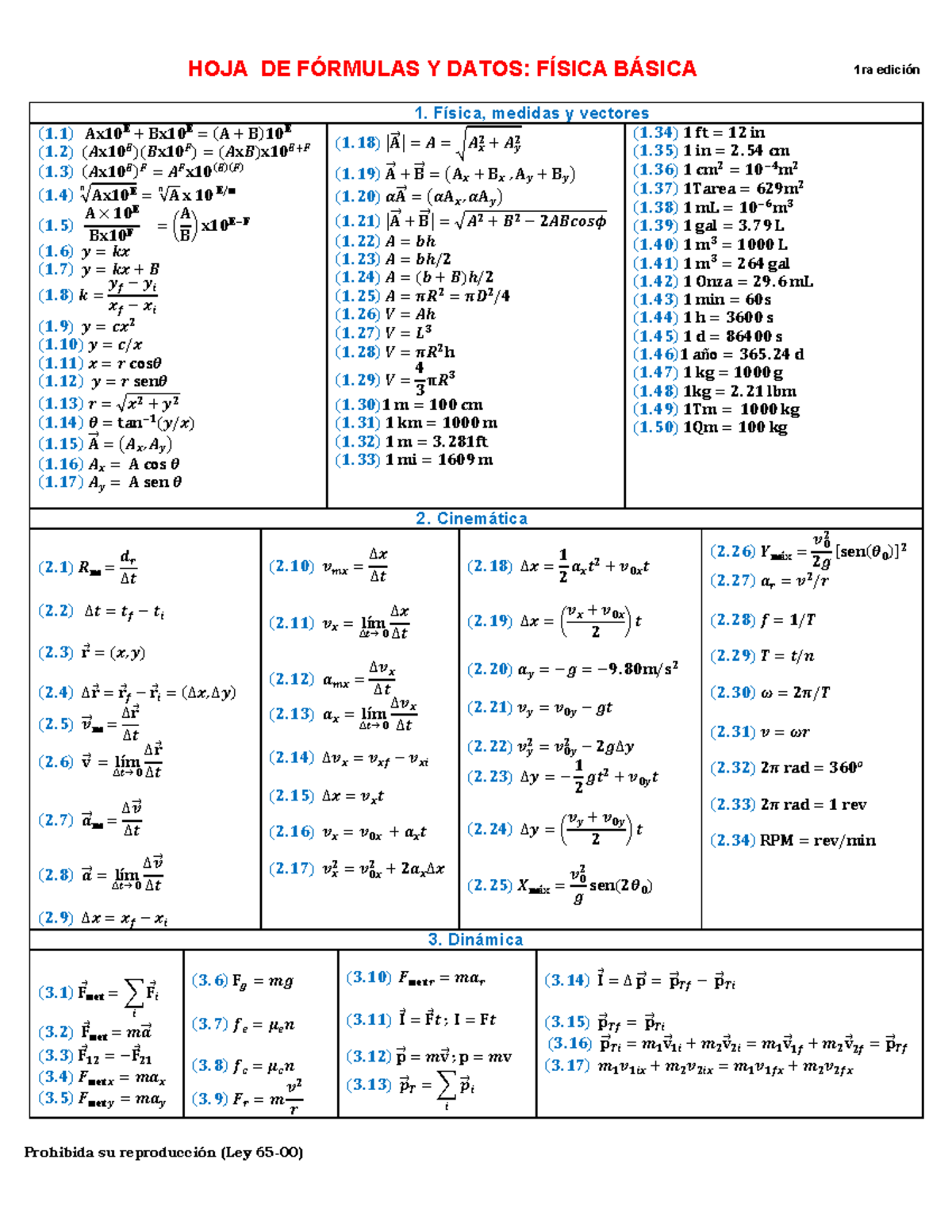 Hoja de Fórmulas: Física Básica (FIS101) - Studocu