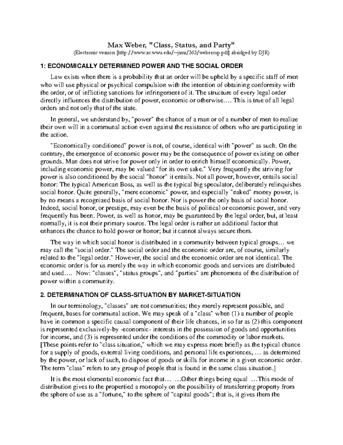 Weber's Class, Status, and Party Dynamics: An Analytical Overview (ECON ...