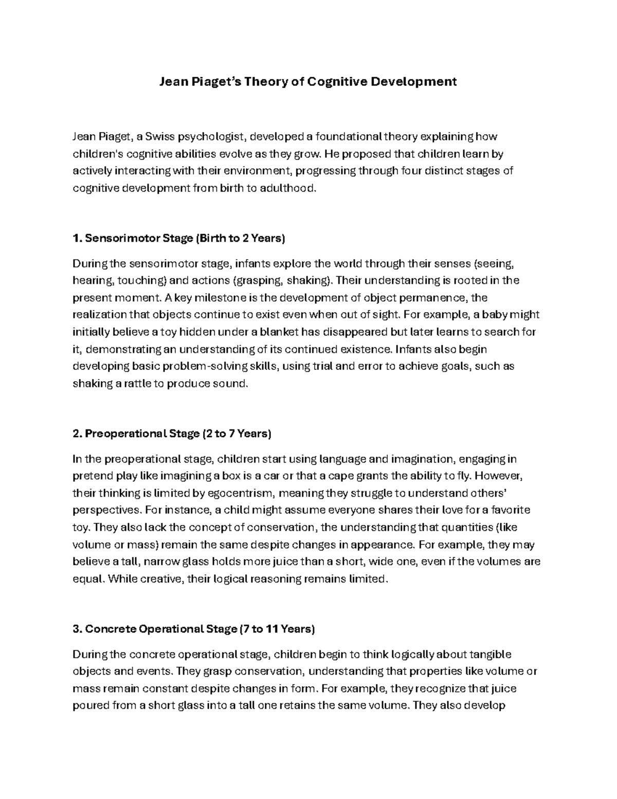 Jean Piaget's Theory of Cognitive Development: Stages Explained - Studocu