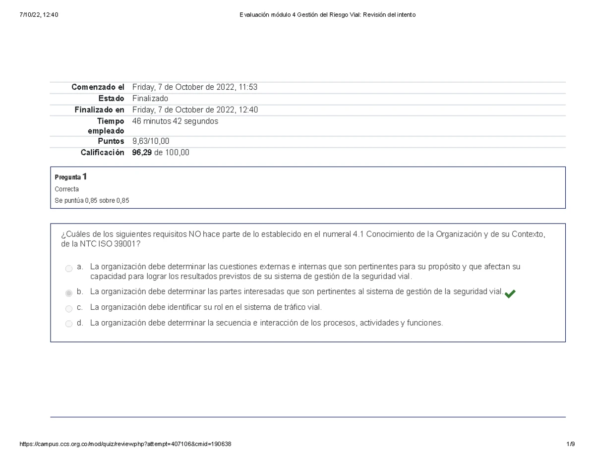 Evaluación Módulo 5: Auditoría Vial según ISO 39001 - Revisión Final ...