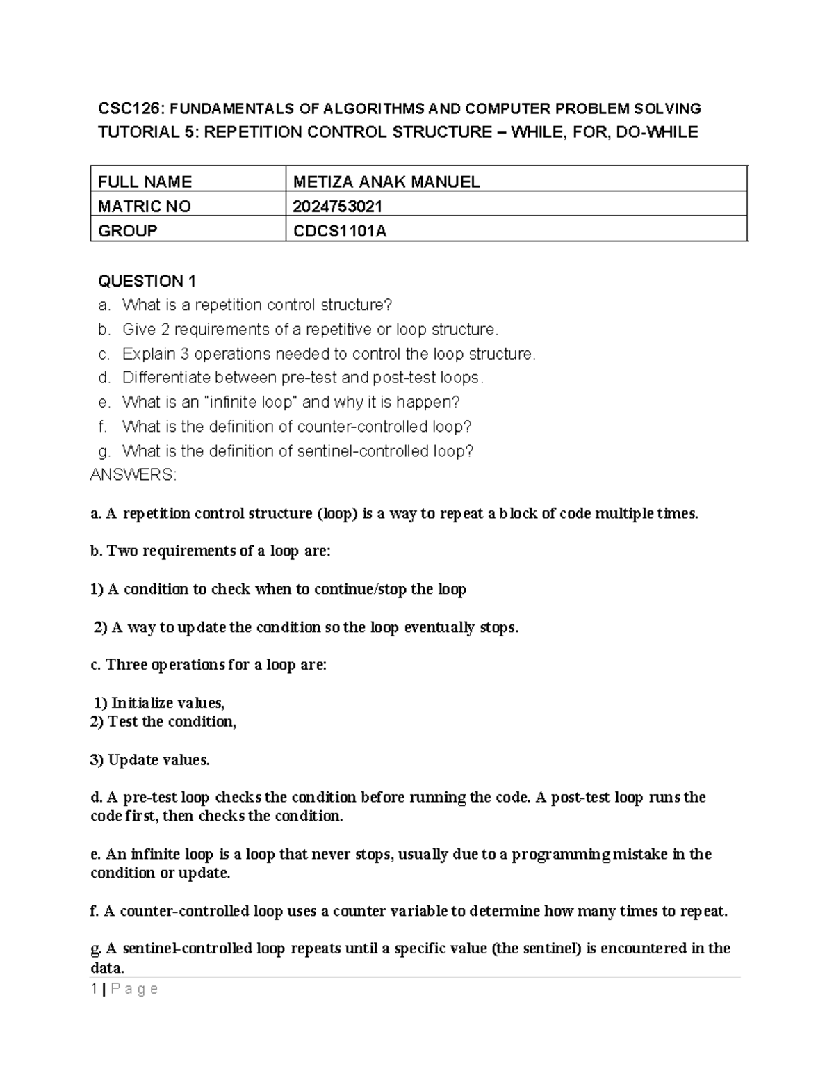 CSC126 Tutorial 5: Repetition Control Structures Explained - Studocu