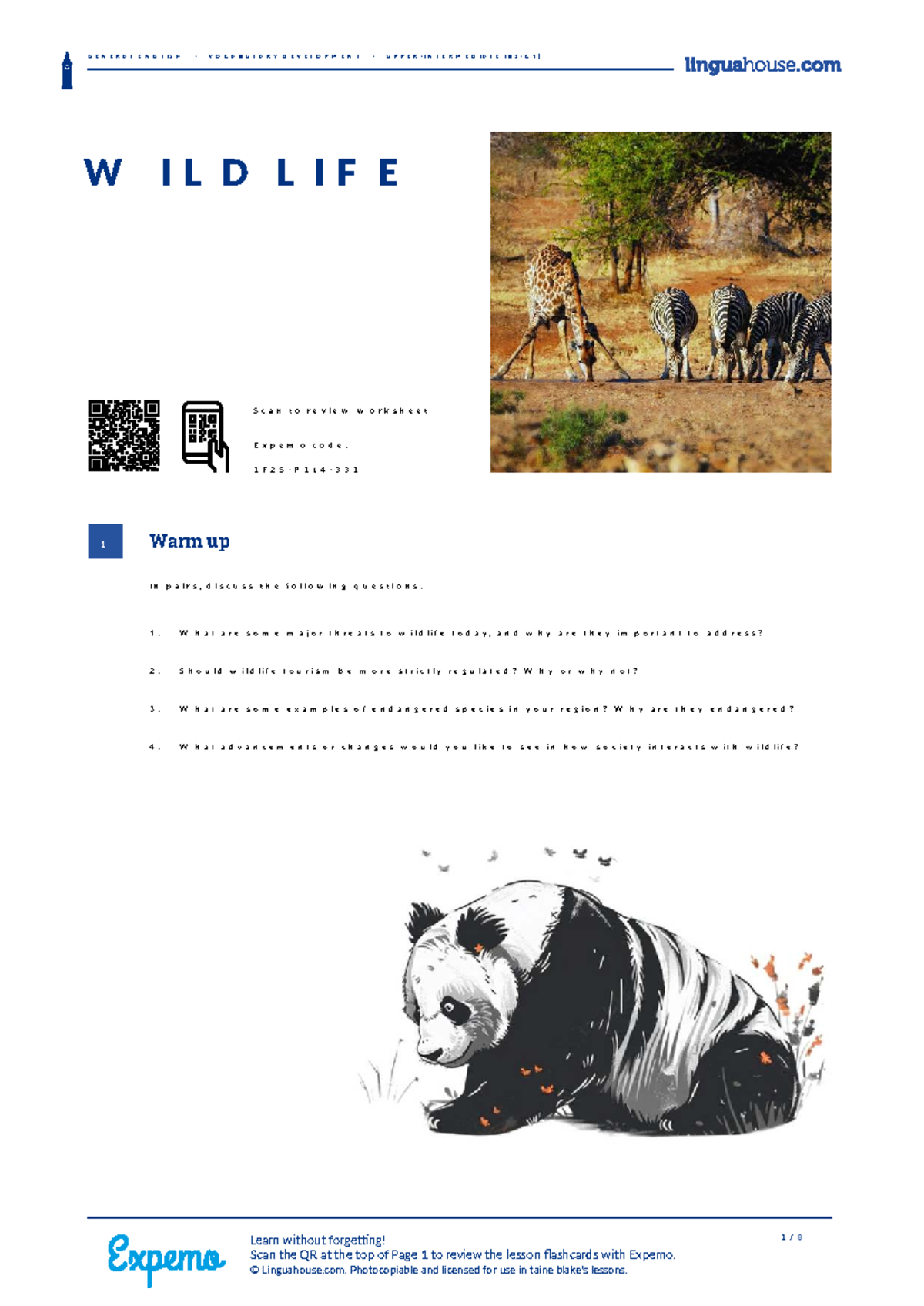 Wildlife Vocabulary Development Worksheet for B2-C1 English Learners ...