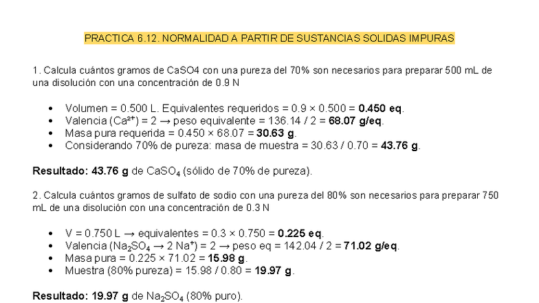 PRACTICA 6.12: Cálculo de Normalidad con Sustancias Impuras - Studocu