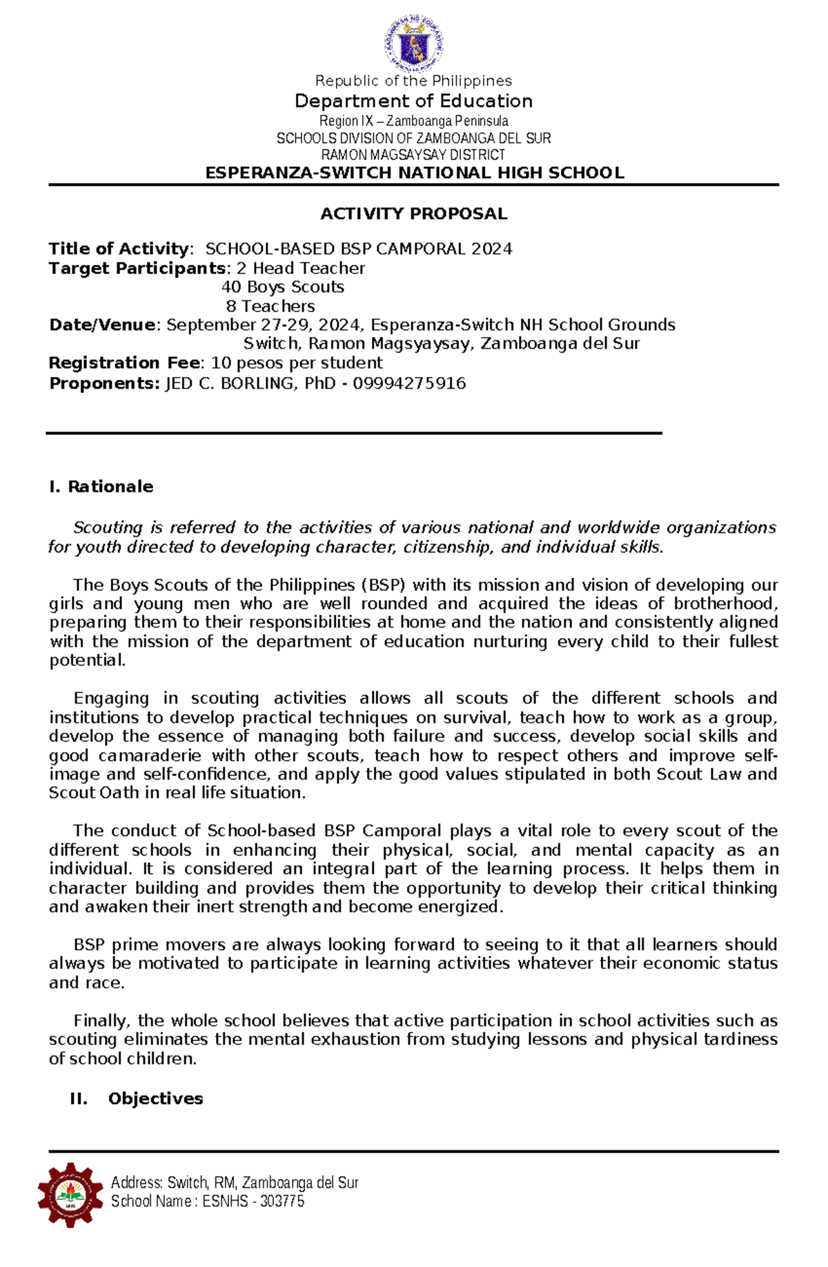 675773639 Activity Proposal: School-Based BSP Camporal 2024 - Studocu