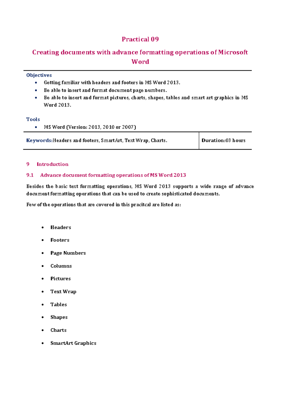 Practical 09: Advanced Formatting Techniques in MS Word 2013 - Studocu