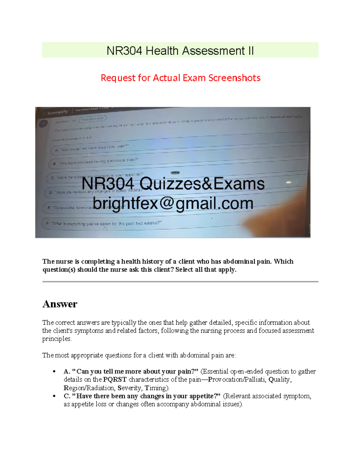 NR304 Health Assessment II: Key Questions for Abdominal Pain Evaluation ...