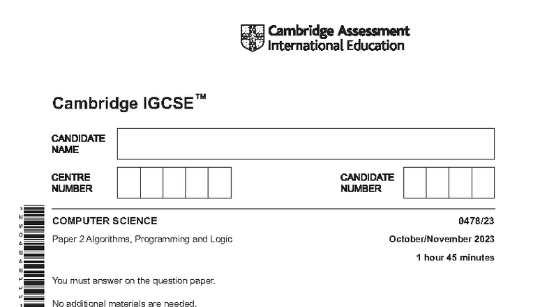 Cambridge 0478/23 Final Exam: Computer Science Paper 2 - Algorithms ...