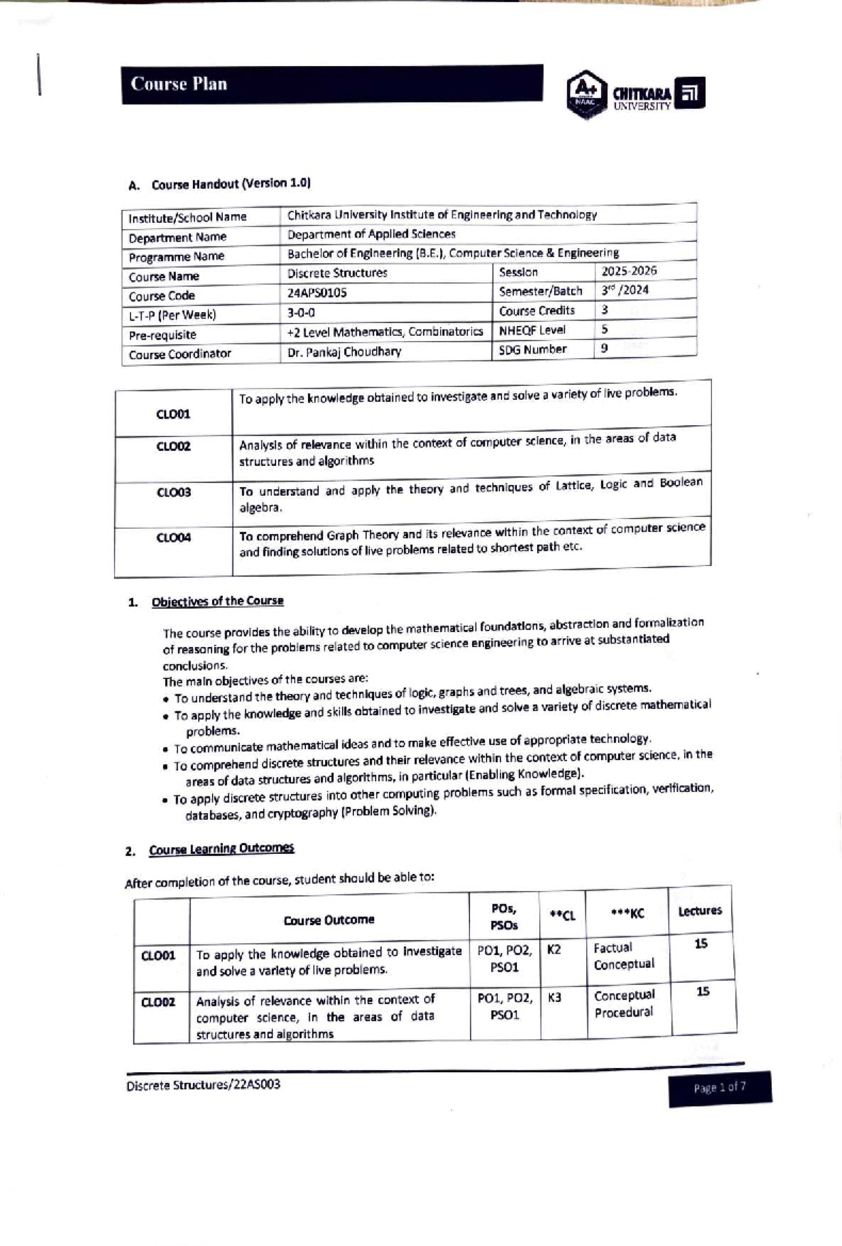 Course Plan for Discrete Structures (24APS0105) - 2025-2026 - Studocu