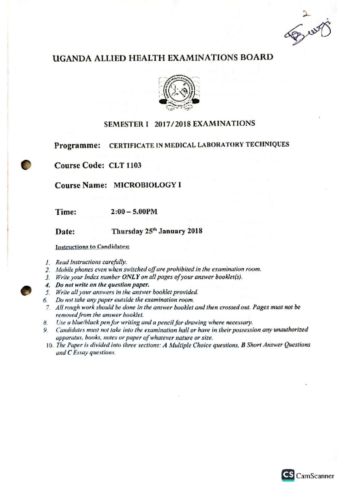 Microbiology I Past Exam Papers - CLT 1103 - Studocu