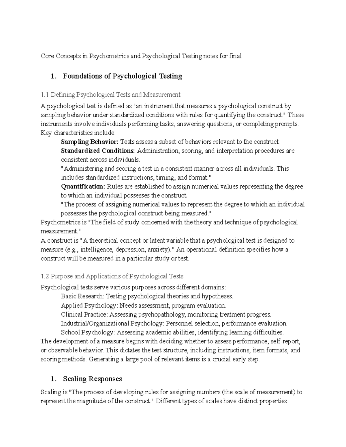 Psychometrics (PSY301): Final Exam Notes on Psychological Testing ...