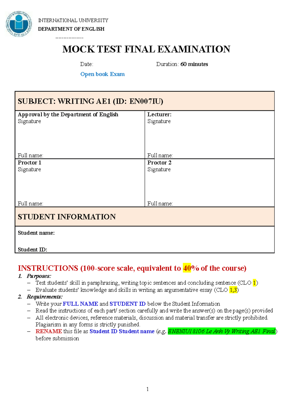 Mock test Writing AE1 Final - INTERNATIONAL UNIVERSITY DEPARTMENT OF ...
