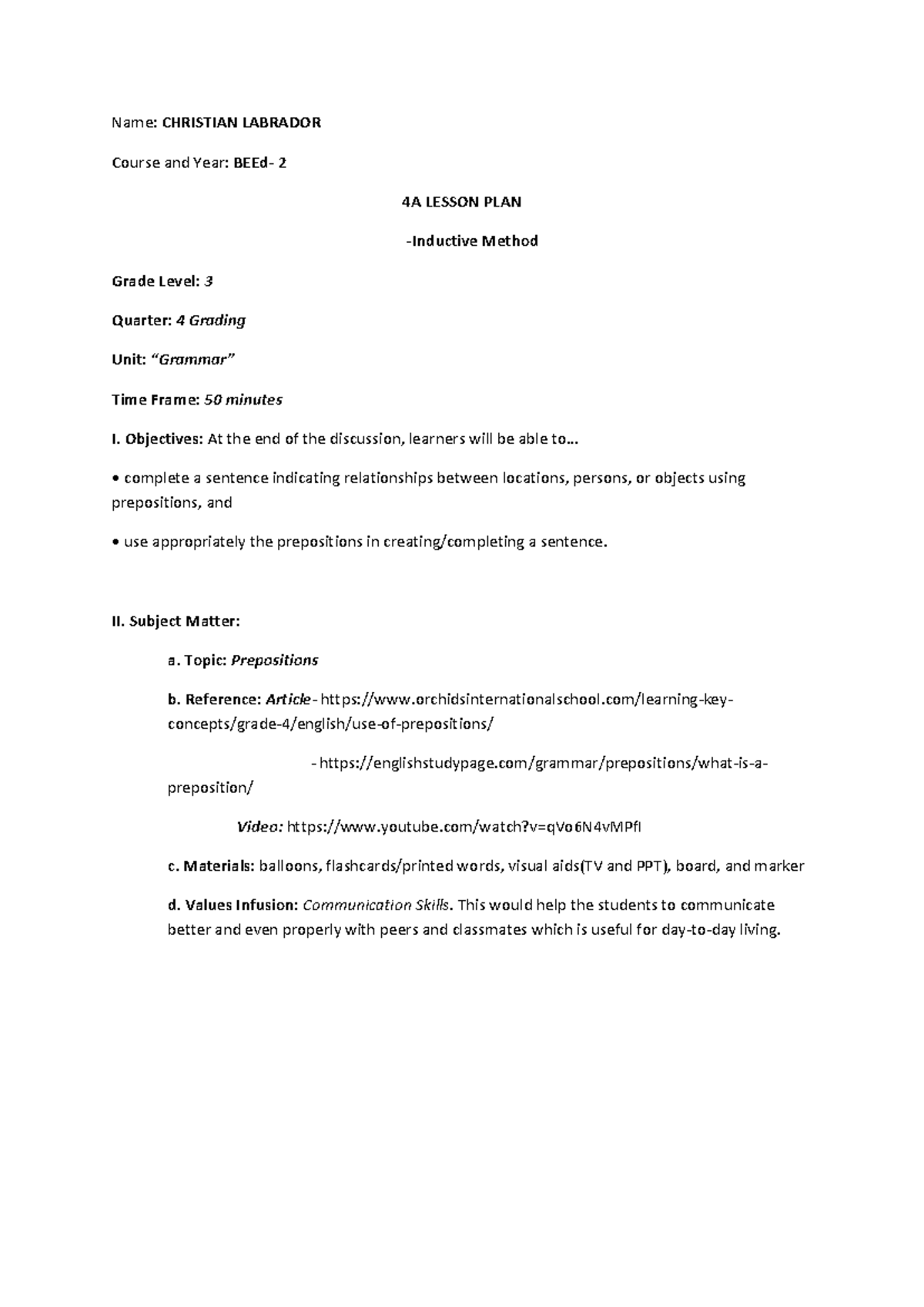 Lesson Plan on Prepositions for Grade 3 - Course 2 4A - Studocu