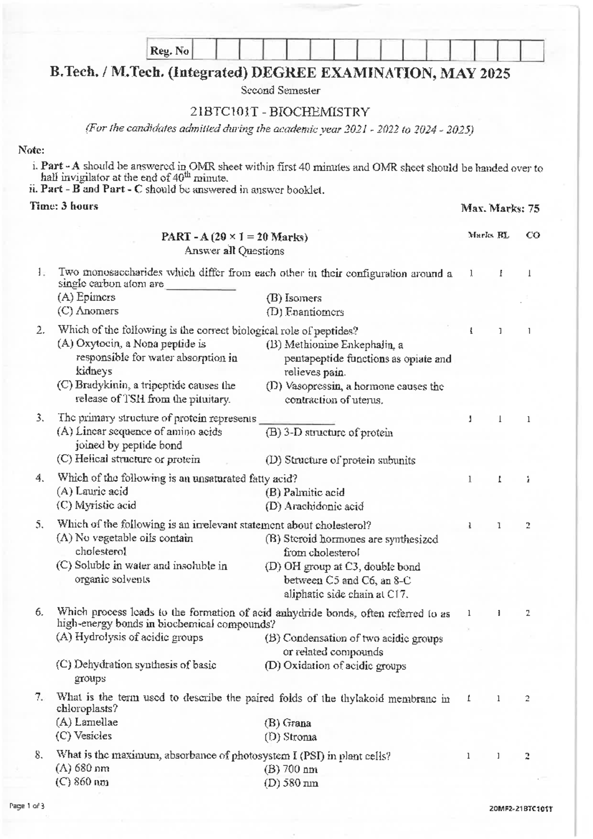 21BTC101T Biochemistry Final Exam Notes - May 2025 - Studocu