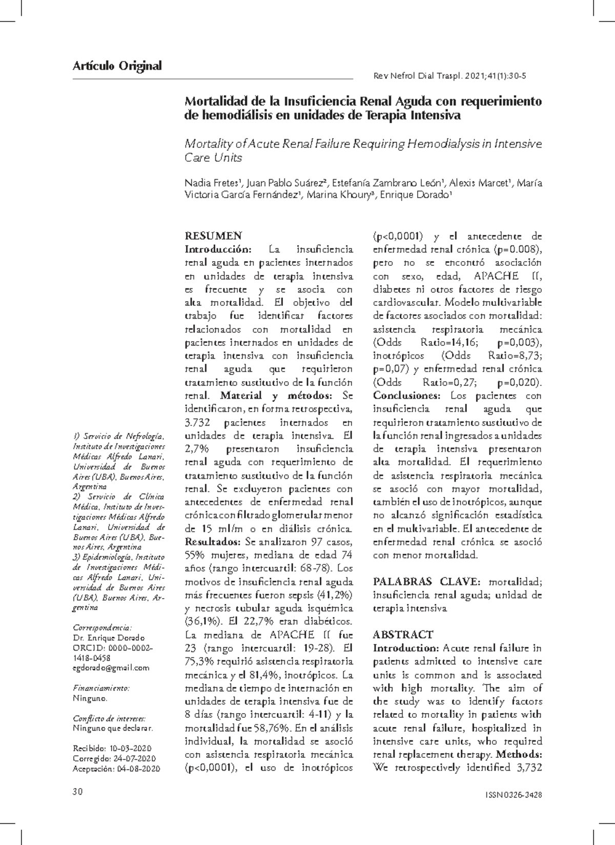 Mortalidad en Insuficiencia Renal Aguda en UTI: Estudio Rev Nefrol Dial ...