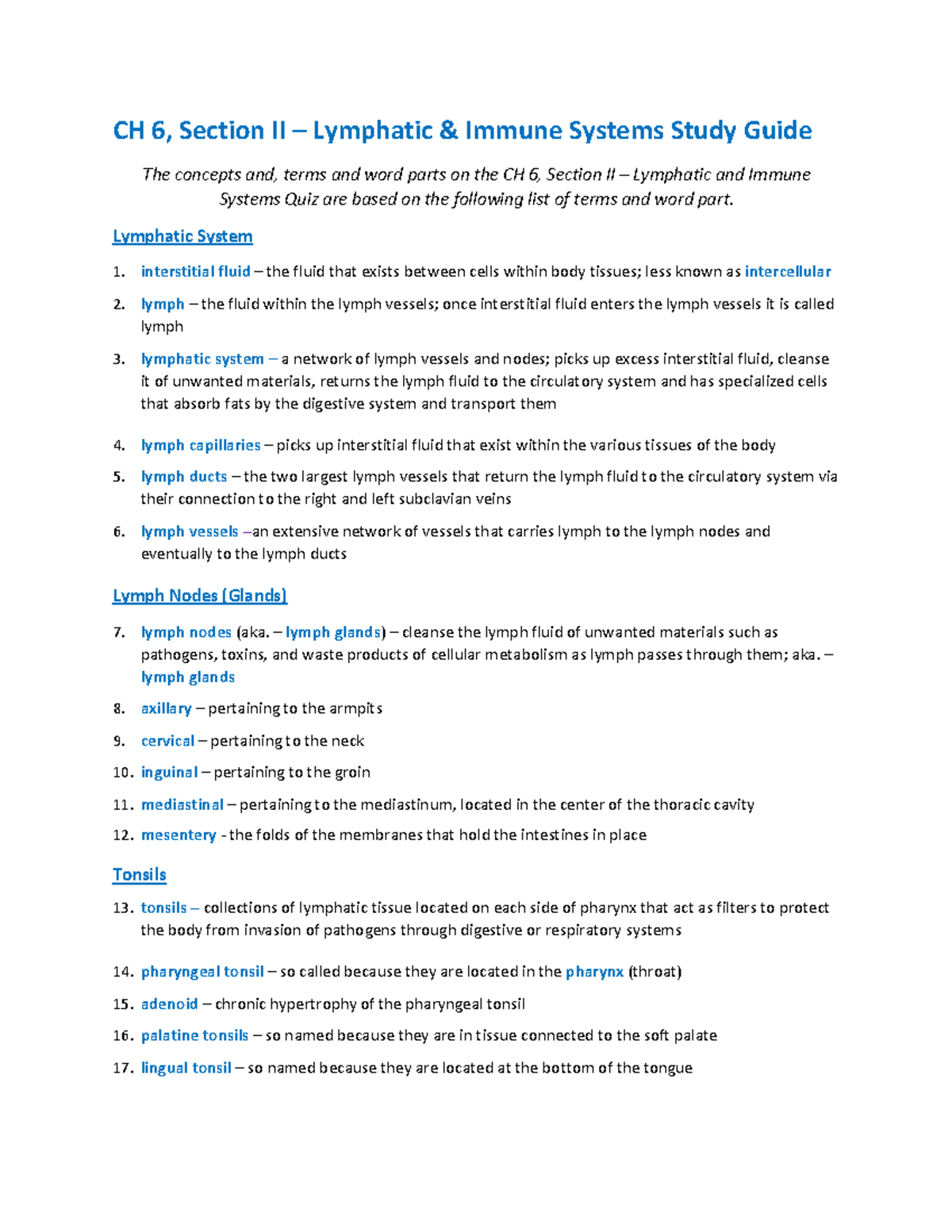 CH 6, Section II - Lymphatic & Immune Systems Study Guide - CH 6 ...