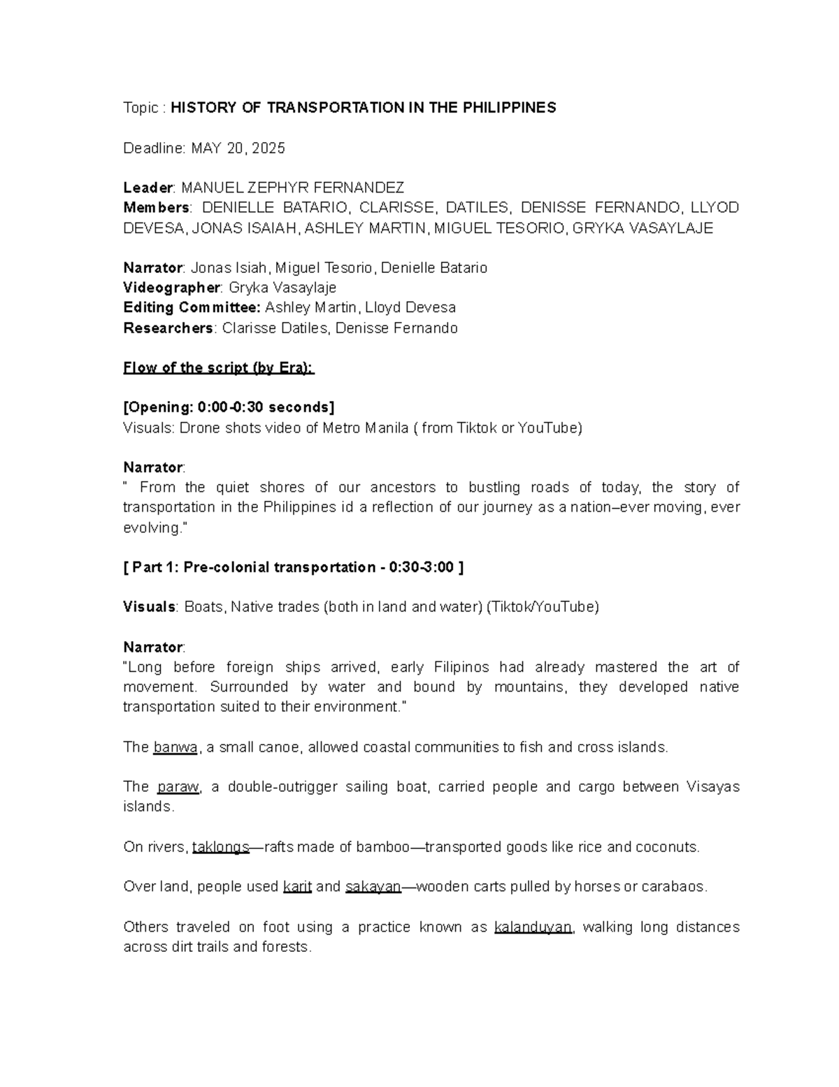 RPH - Finalized Script: History of Transportation in the Philippines - Studocu