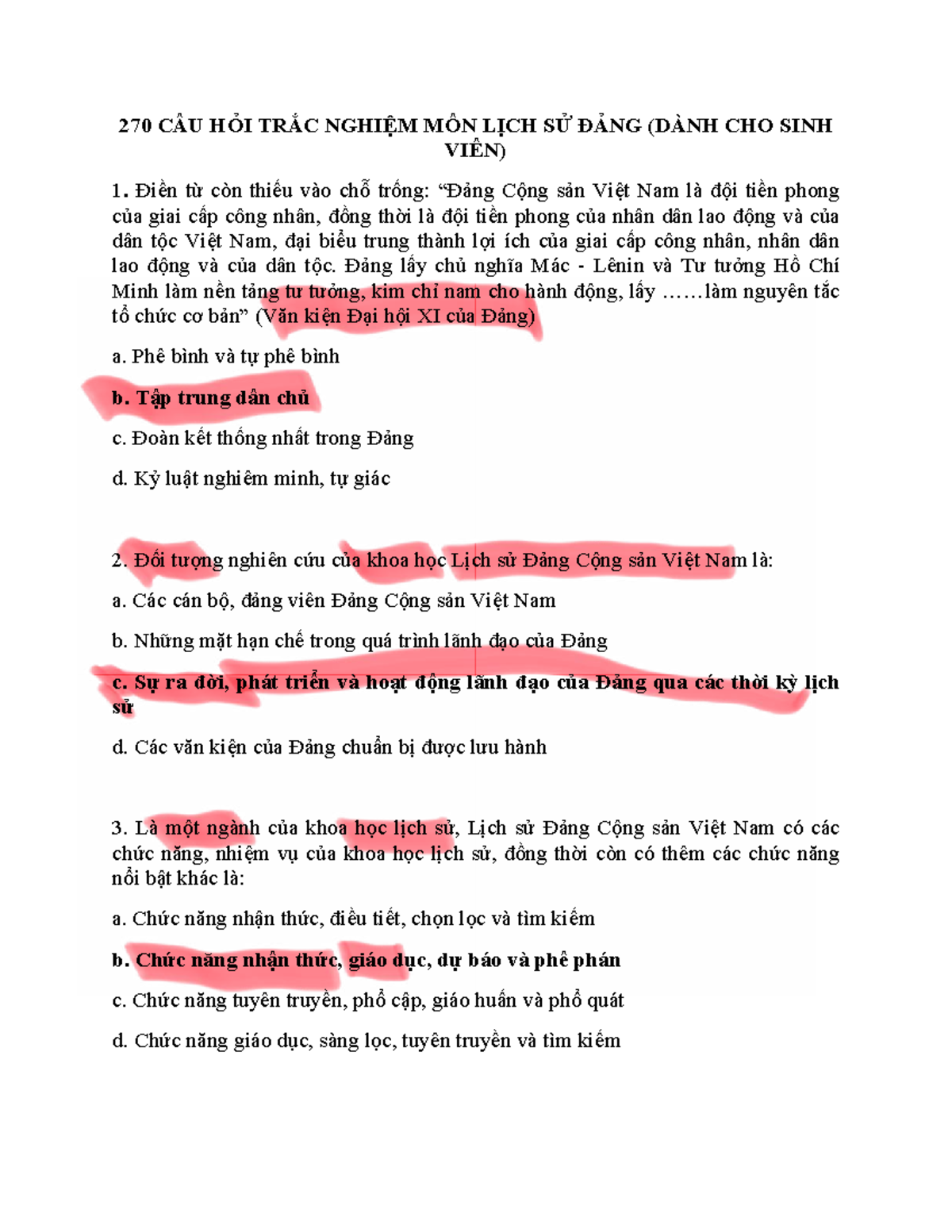 270 CÂU HỎI TRẮC NGHIỆM MÔN LỊCH SỬ ĐẢNG (DÀNH CHO SINH VIÊN) - Studocu