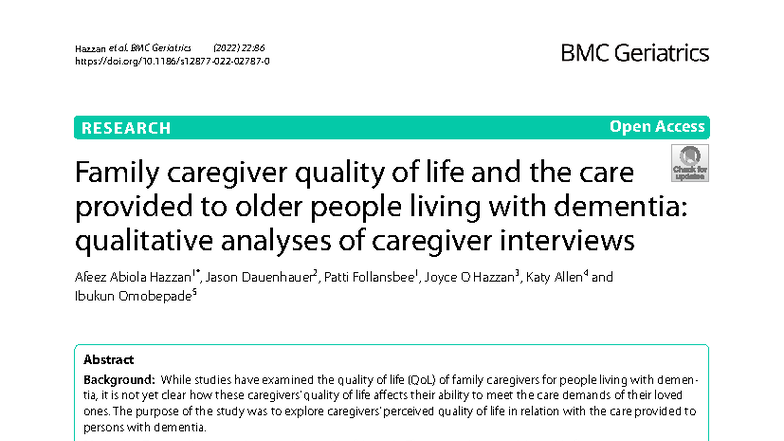 Family Caregiver QoL and Dementia Care: Insights from Interviews (2022 ...