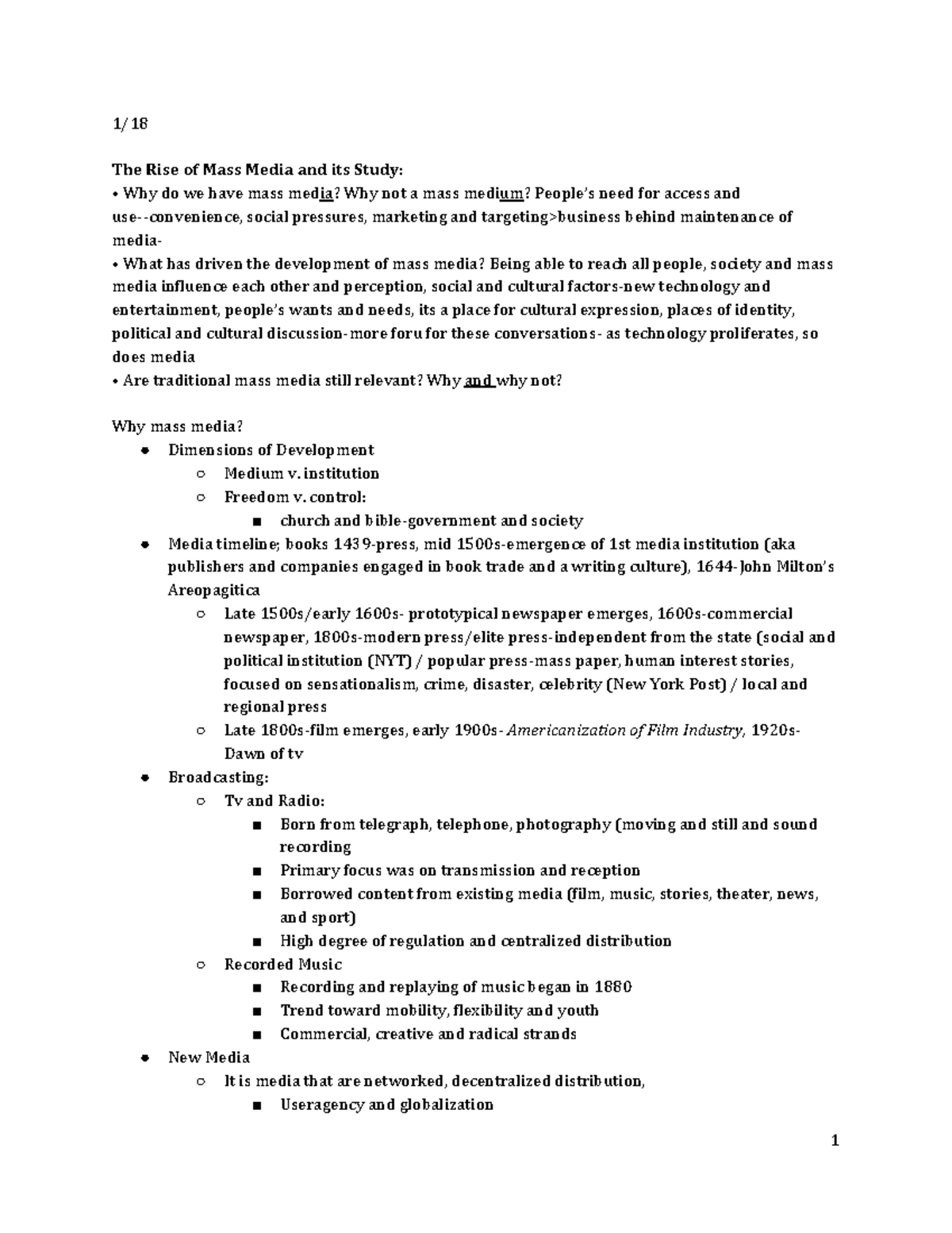 Mass Comm - Lecture notes all - 1/ The Rise of Mass Media and its Study ...