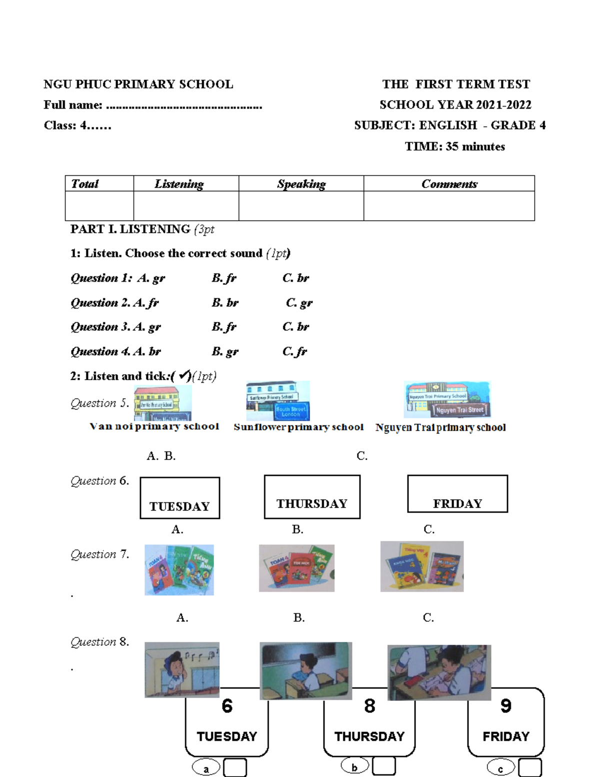 LỚP 4 - HKI - 2022 - ENGLISH FIRST TERM TEST - Studocu