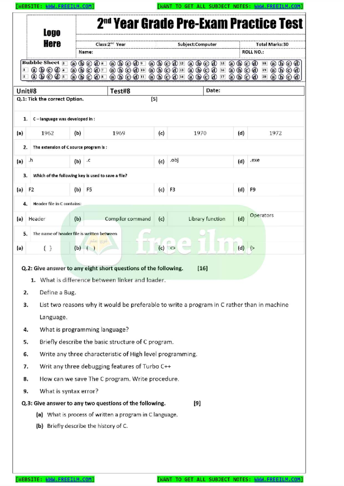 12th Computer Practice Test Paper - Year 2 (Total Marks: 30) - Studocu